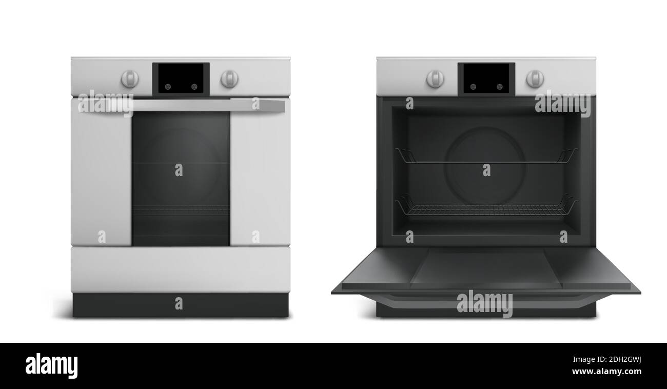 Oven, electric kitchen appliances, open or closed stove front view ...