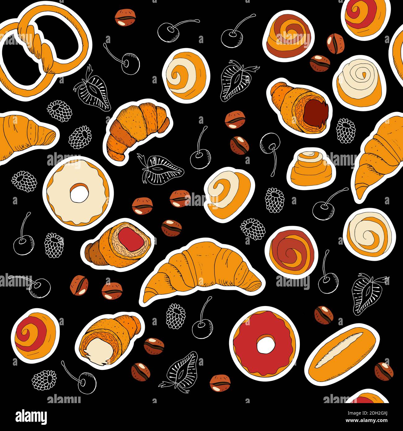 Seamless background with bakery labels and berry and coffee outlines ...