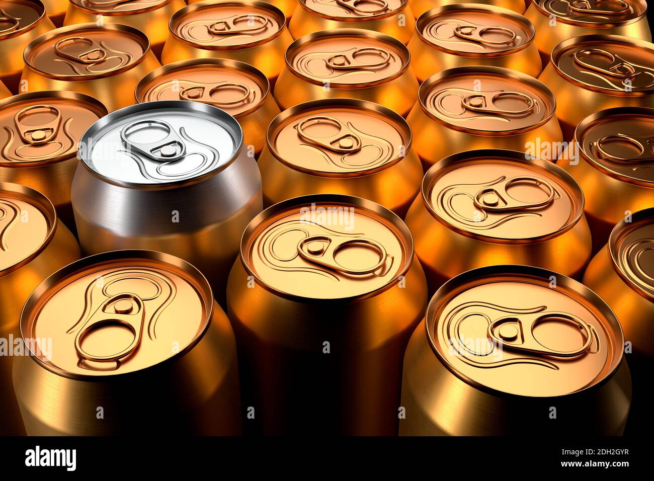 Unique silver can among group of golden recyclable cans cans. View from ...