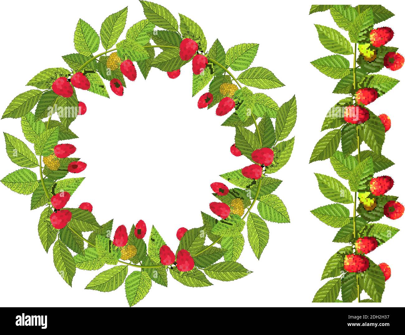 Seamless border and wreath with ripe raspberries and leaves. Vector ...