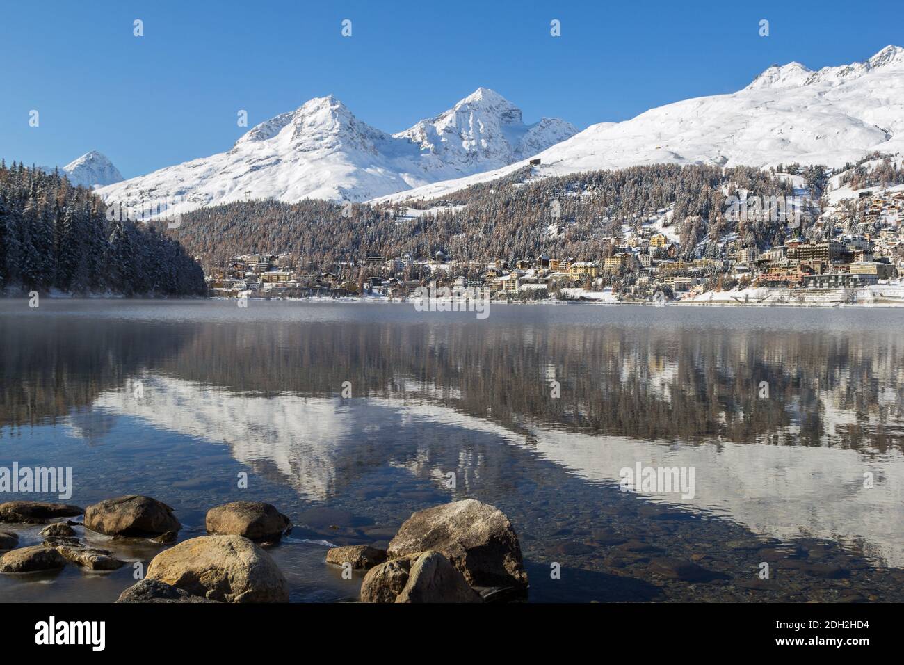 Lake of St. Moritz looking at the town center - a famous Swiss ski ...