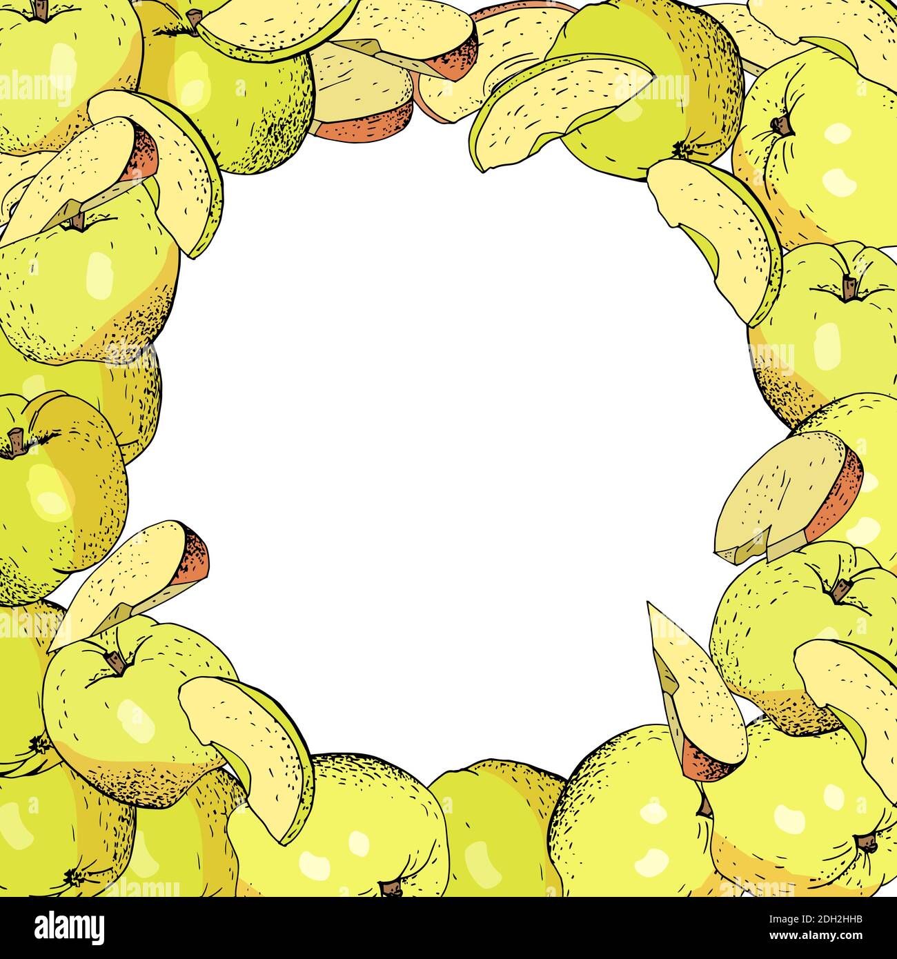 Square template with apples, apple slices. Hand drawn food illustration ...
