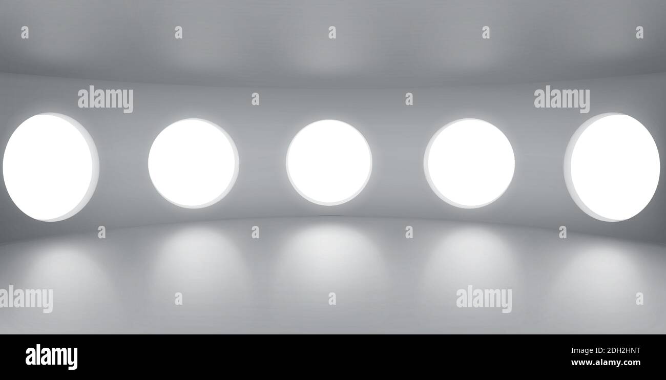 Empty round room with portholes, inner architecture, futuristic office ...