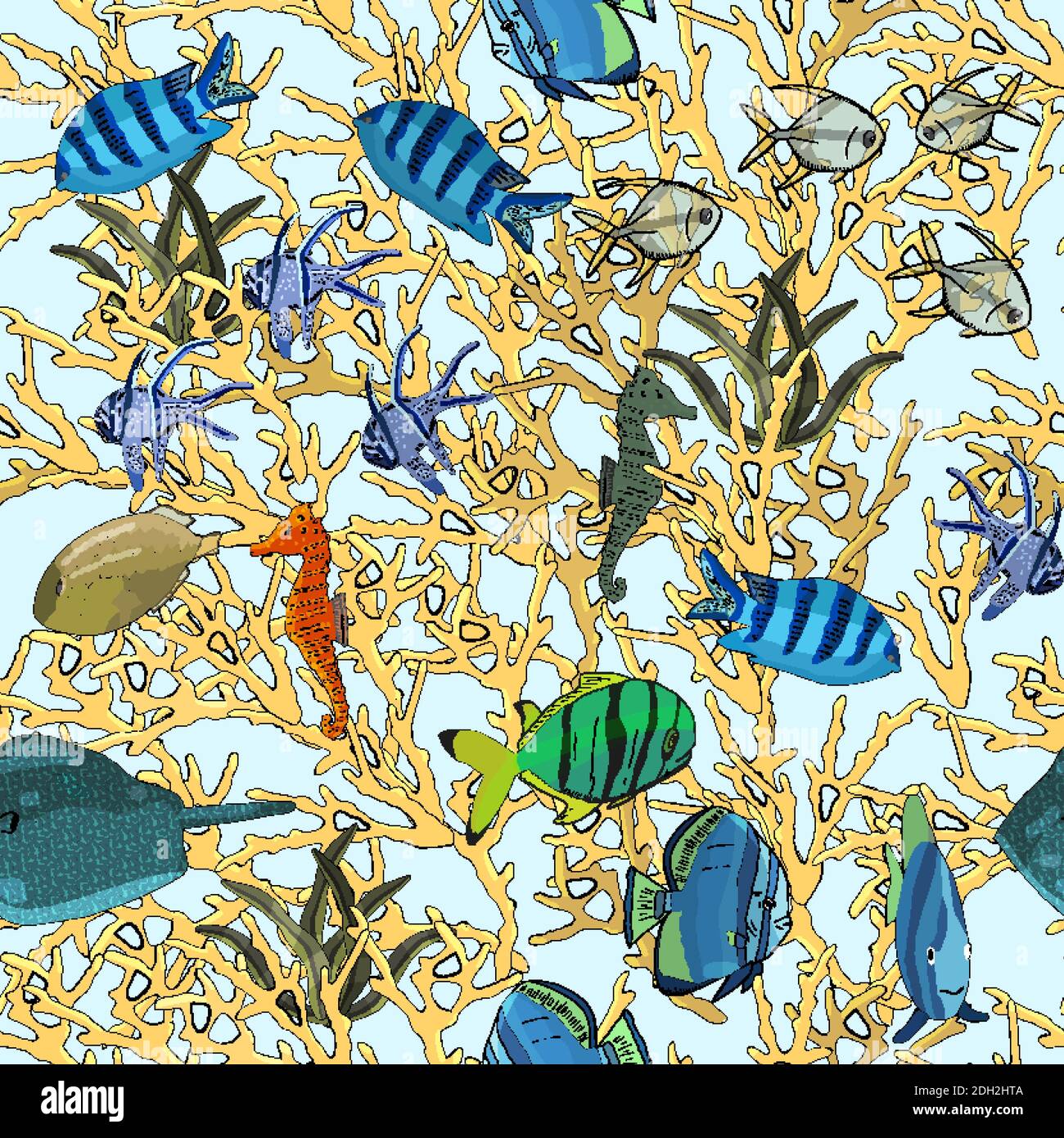 Underwater seamless pattern with exotic fish, seahorses, coral. Hand ...