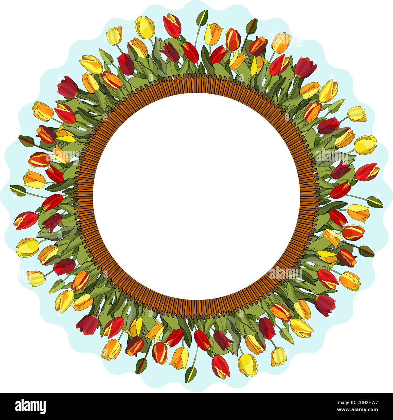 Flower wreath with tulips isolated on white. Round frame for design of ...