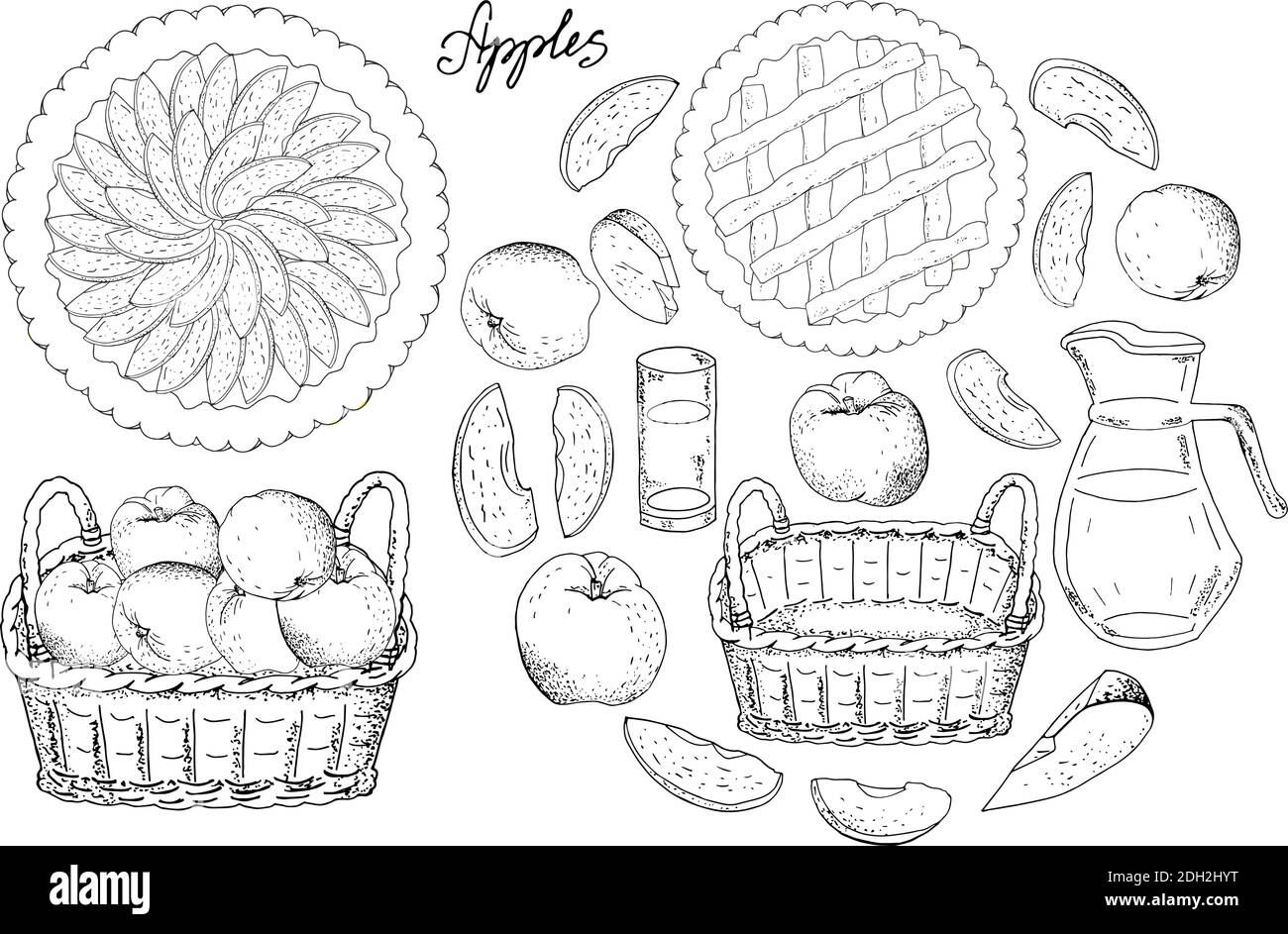 Set of apples, apple slices, apple pies, apple juice jug, basket of ...