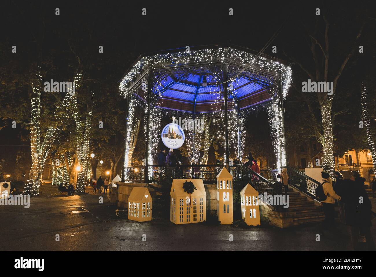 Zagreb, Croatia-December 5th, 2020: Zrinjevac park pavillion decorated ...