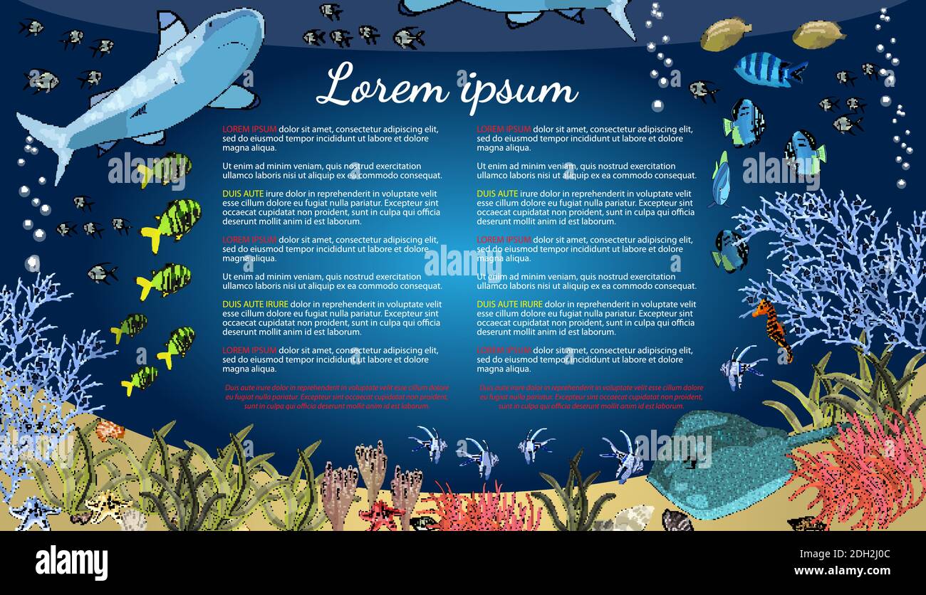 Vector banner. Sea animals - shark, tropical fish, corals, seahorses ...