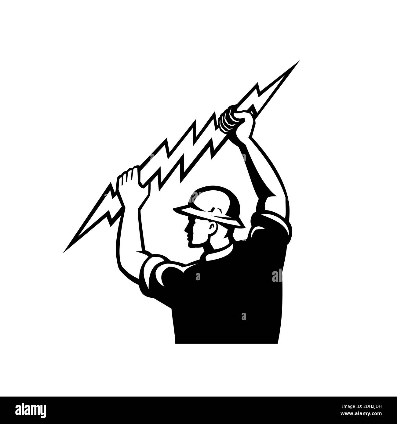Electrician Wielding Lightning Bolt Side View Retro Black and White ...
