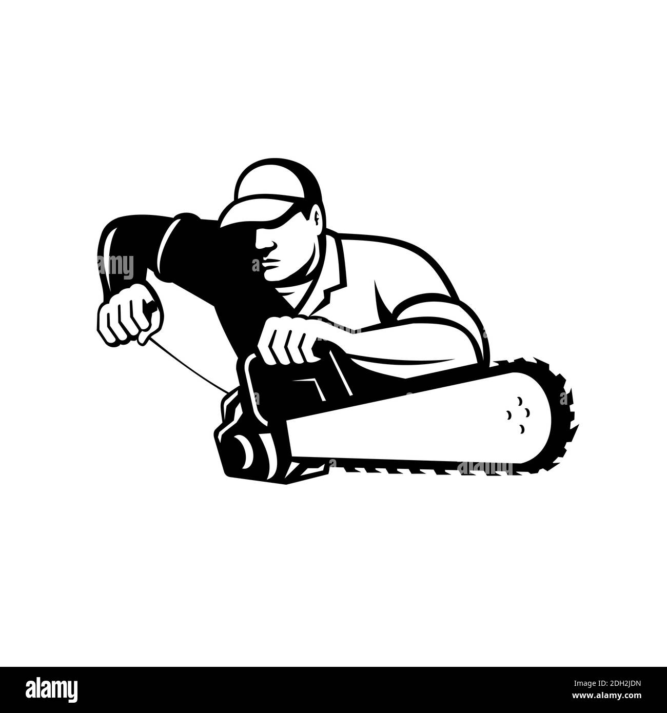 Arborist Holding Chainsaw Facing Front Black and White Retro Stock ...