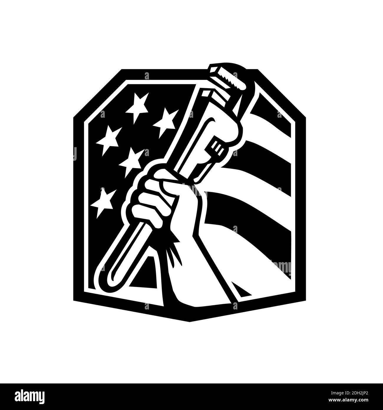American Plumber Hand Holding a Pipe Wrench USA Flag Crest Black and ...