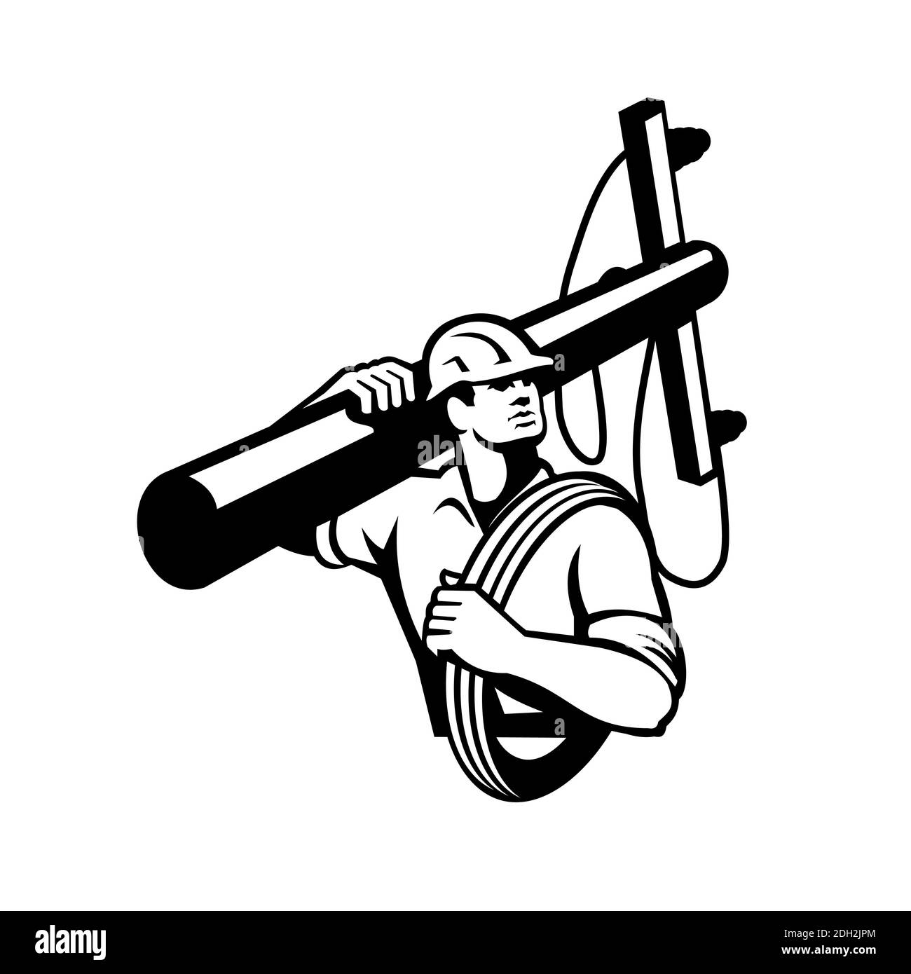 Power Lineman Repairman Carrying Electric Pole Black and White Retro ...