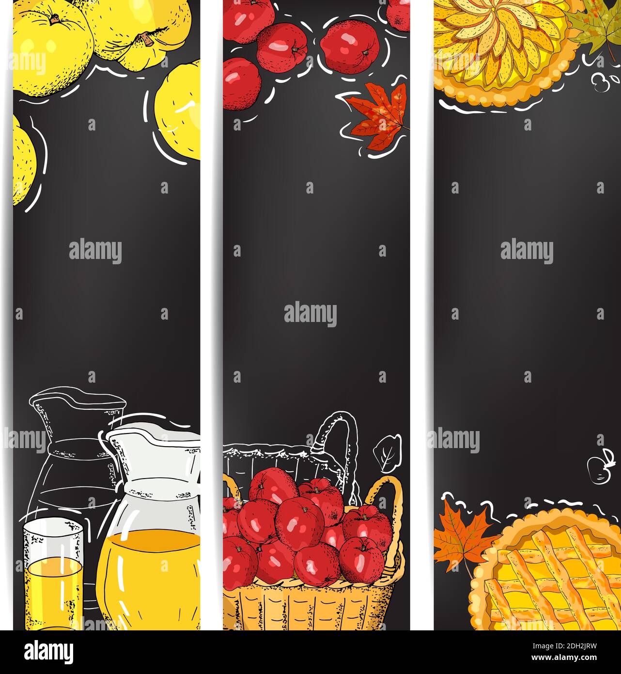 Vertical banners with apples, apple slices, apple pies, apple juice jug ...