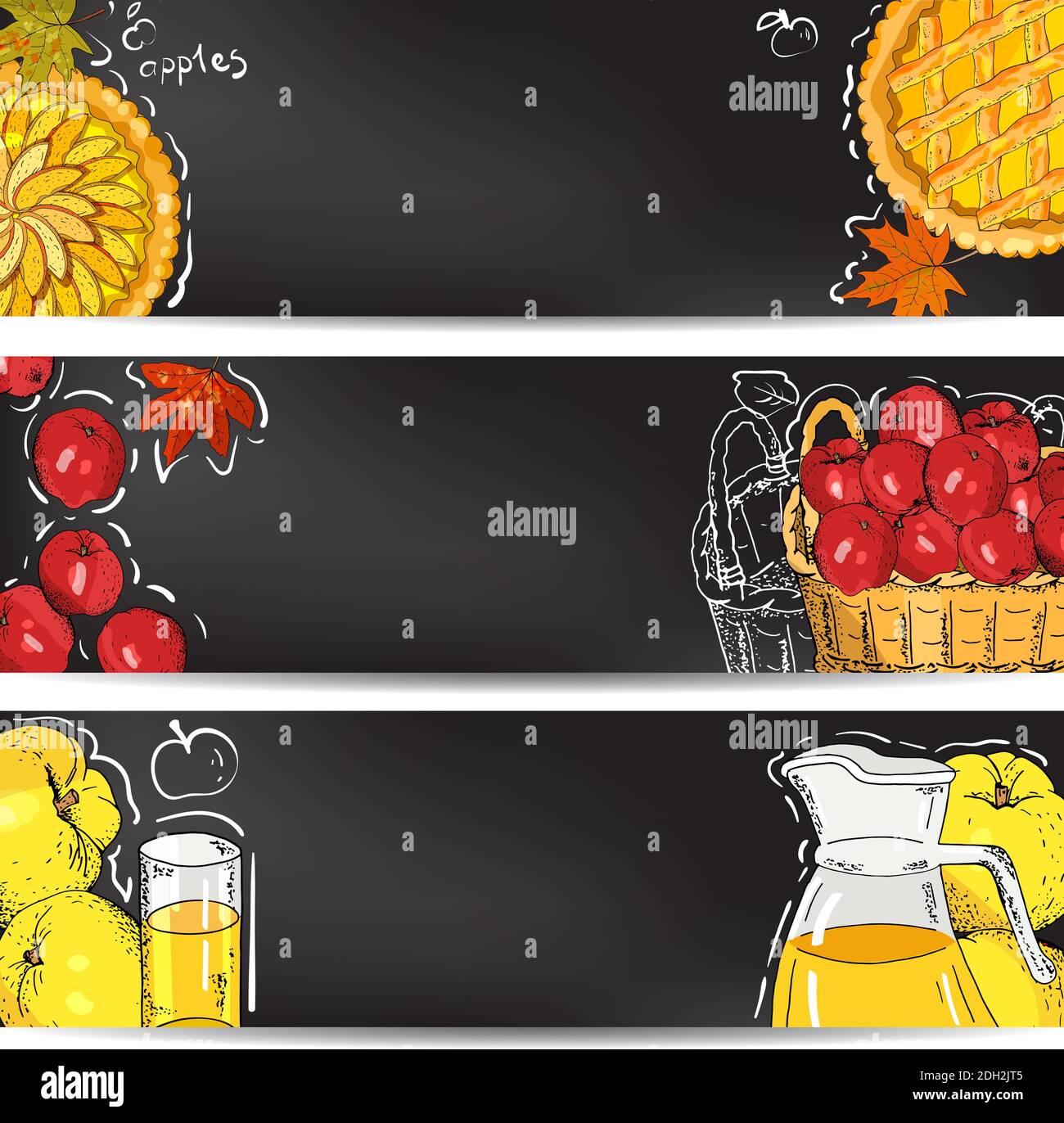 Horizontal banners with apples, apple slices, apple pies, apple juice ...