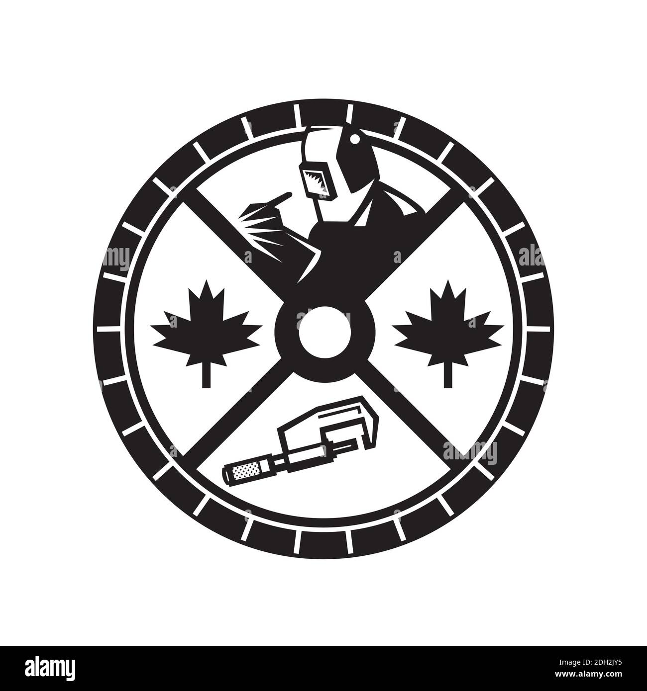 Canadian Welder Caliper Maple Leaf Circle Retro Black and White Stock ...