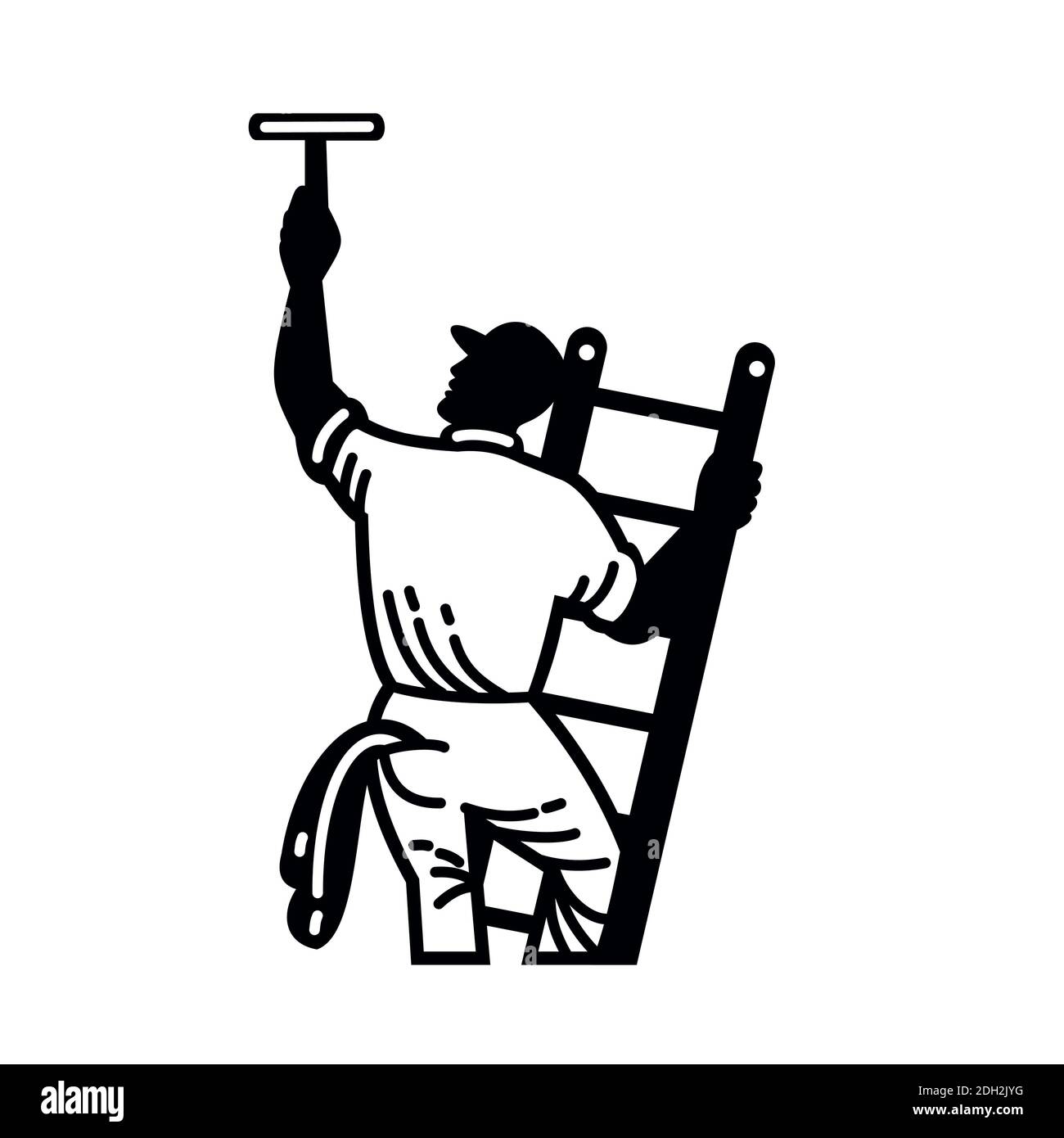Window Cleaner on Ladder Cleaning Window Retro Black and White Stock ...