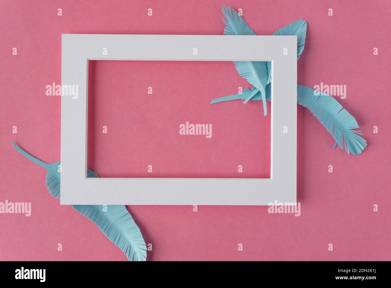 white frame with blue paper feathers on colorful pink background with ...