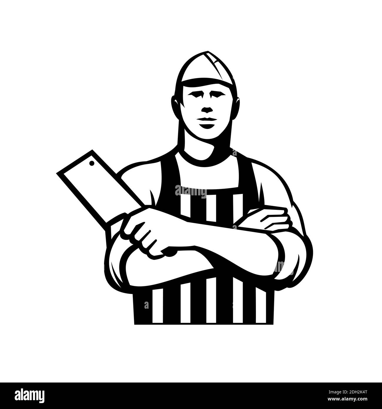 Butcher With Meat Cleaver Knife Arms Crossed Front Retro Black and ...