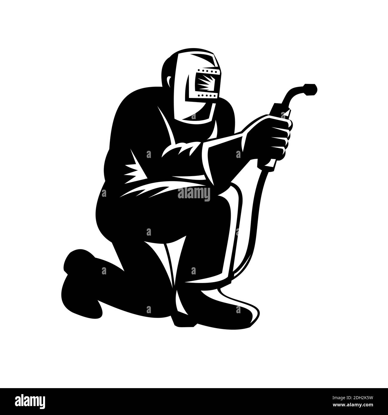 Welder Welding Kneeling Front View Retro Black and White Stock Photo ...