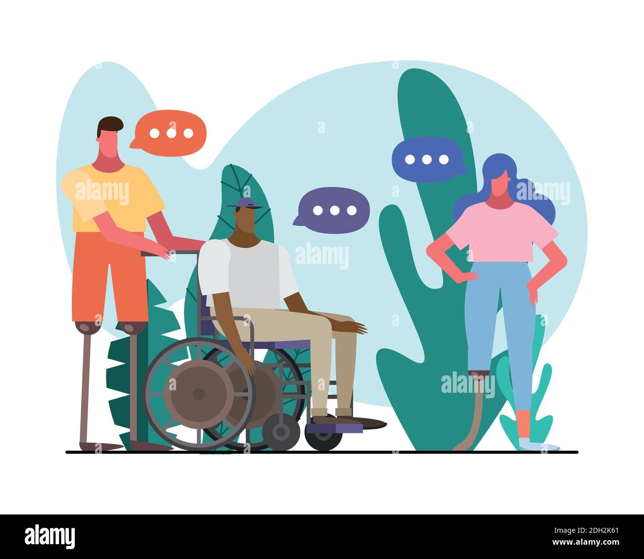 group of people talking with handicaps characters in the camp vector ...