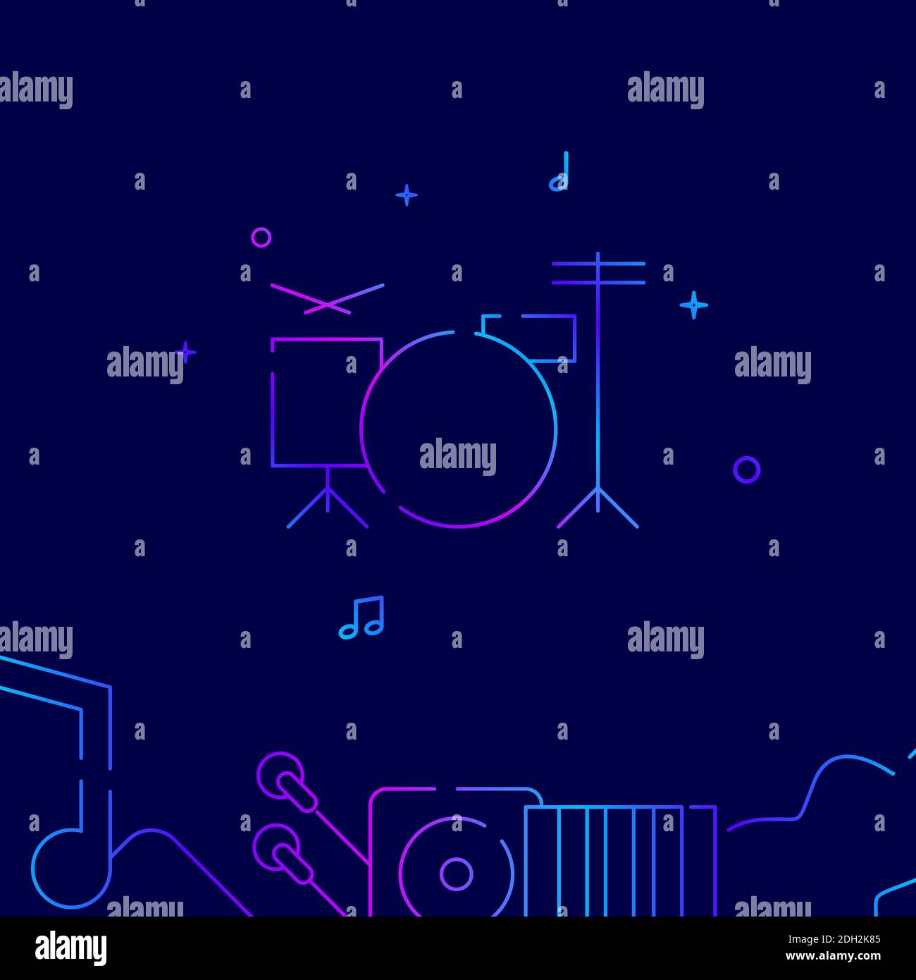 Drum set gradient line icon, simple illustration on a dark blue ...