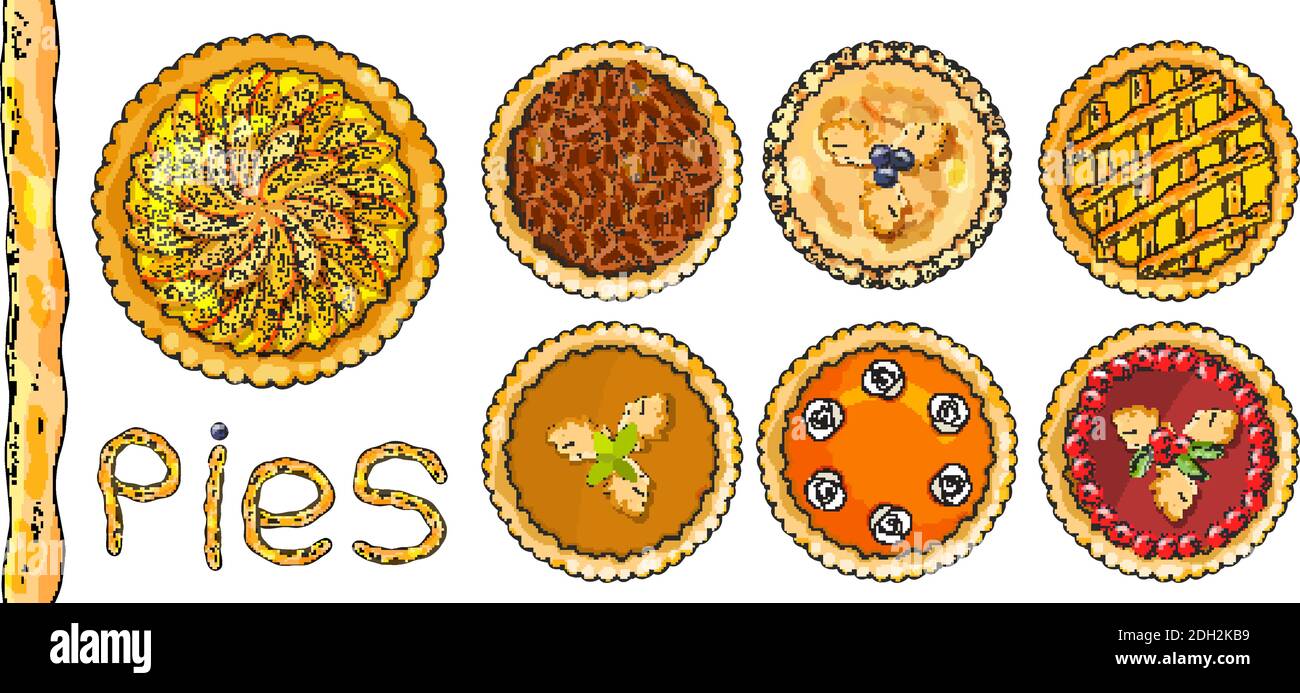 Set of pies with different toppings. Vector illustration isolated on white background Stock ...
