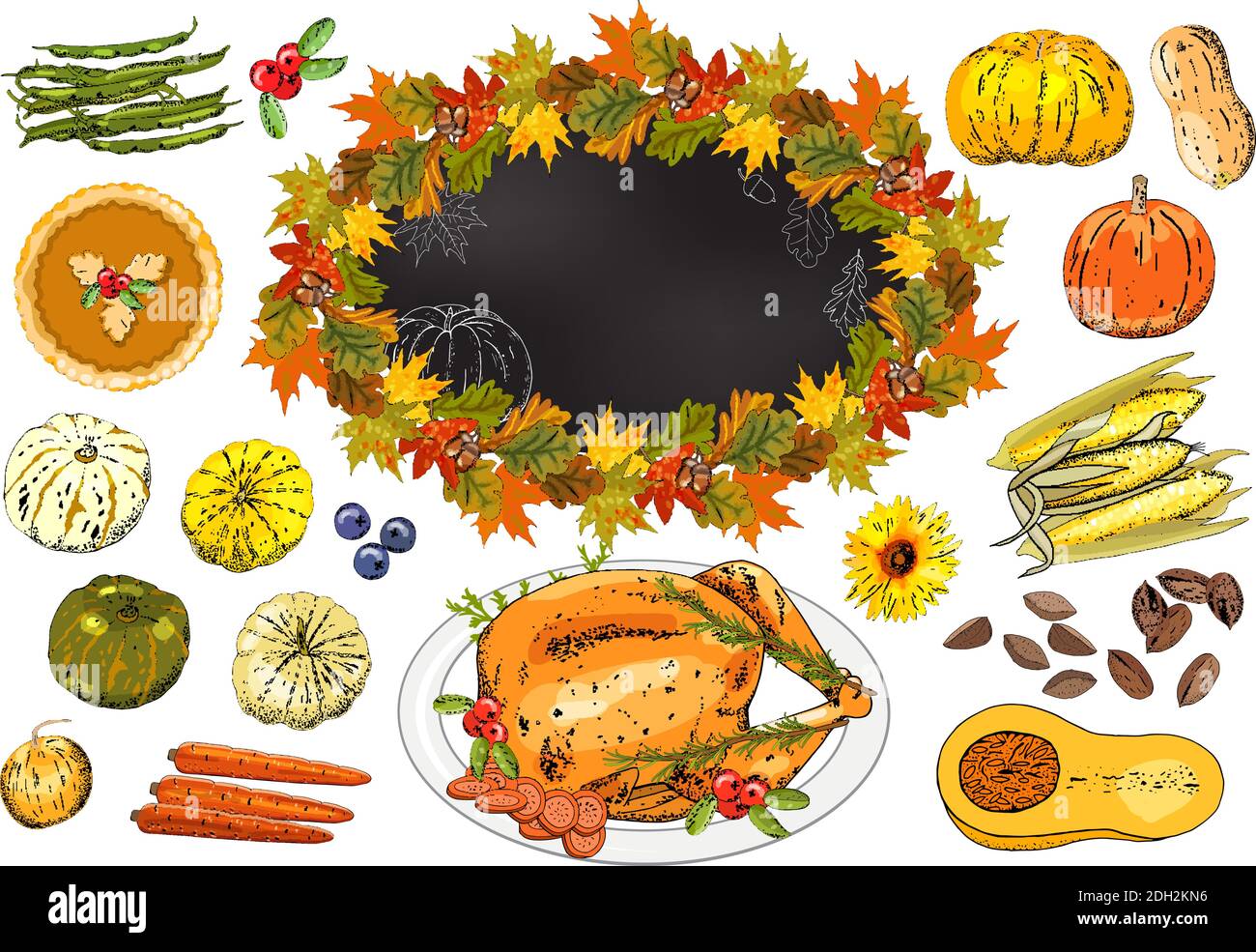 Autumn set of elements with thanksgiving symbols, cornucopia, Turkey ...