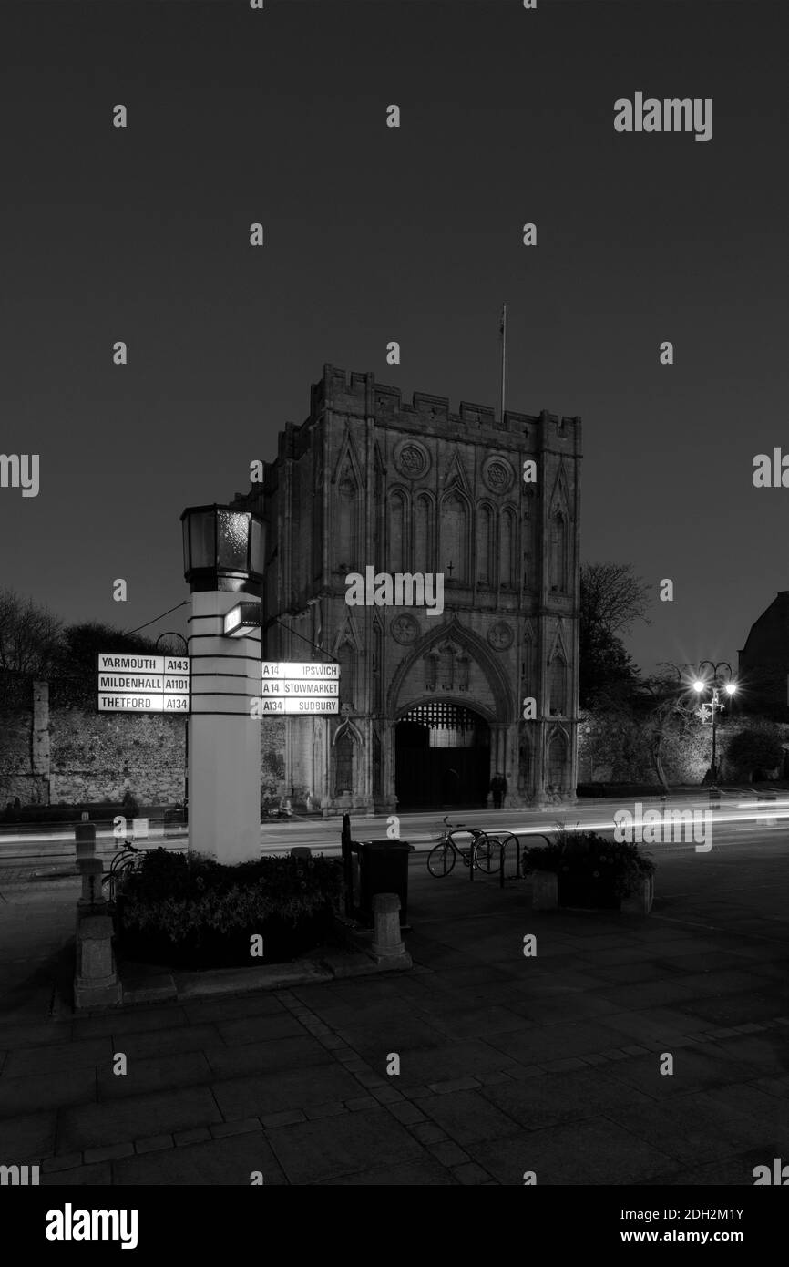 Traffic trails at night, the Abbey Gate, St Edmundsbury Cathedral, Bury ...