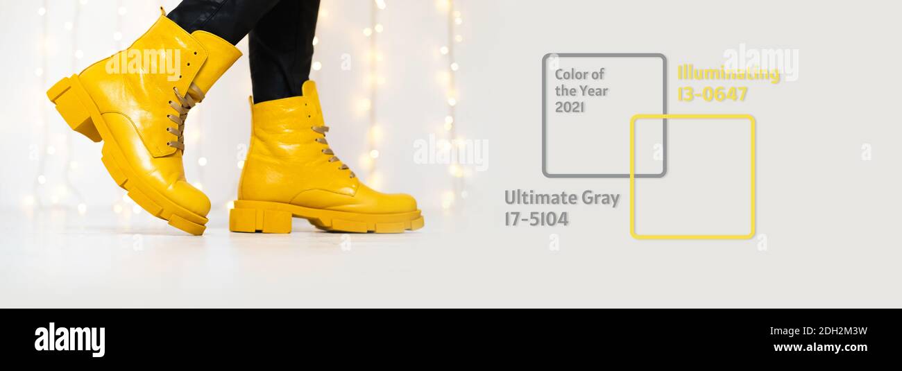 Banner made of stylish yellow boots walking against wall with fairy ...