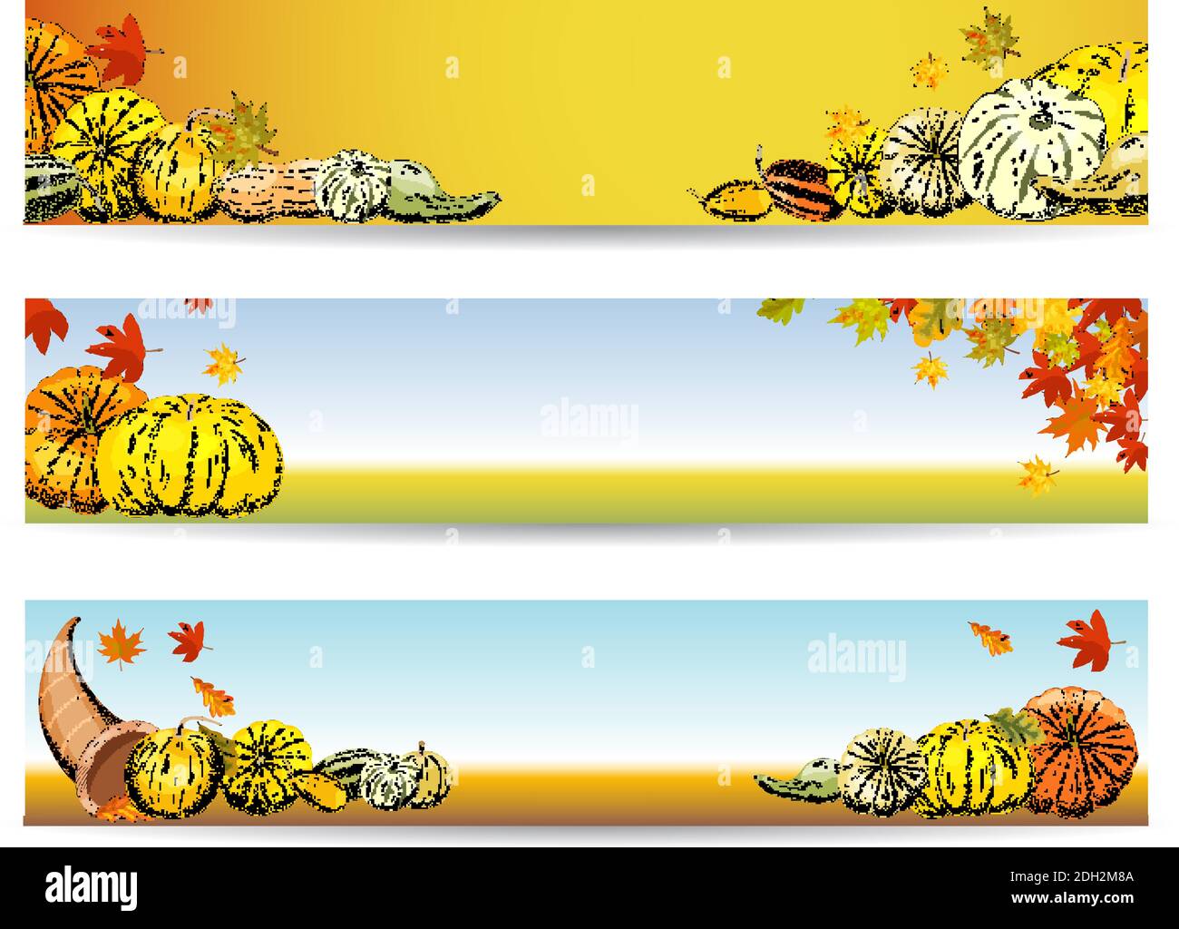 Set of horizontal autumn banners with pumpkins, squash, leaves and ...