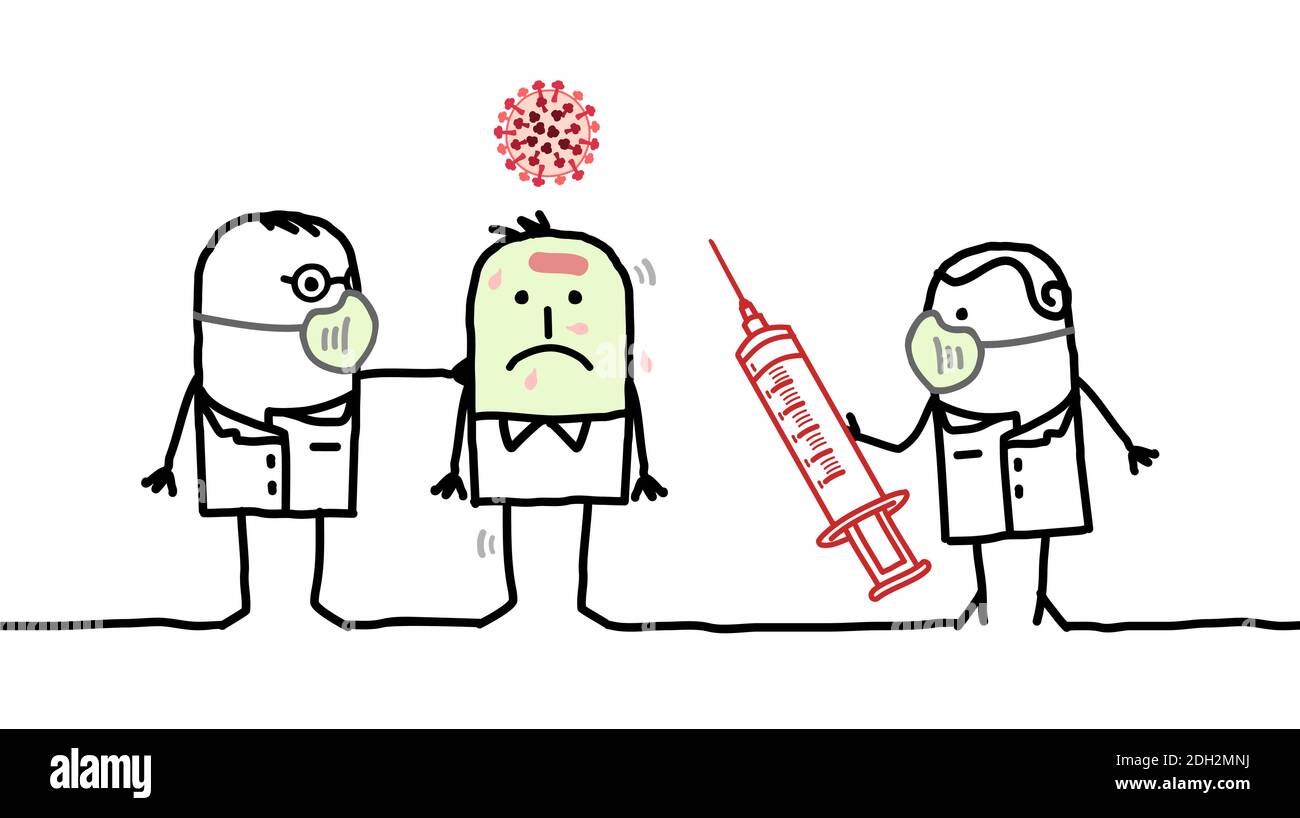 Hand drawn Cartoon Doctors with Syringe and Covid Vaccine Stock Vector ...