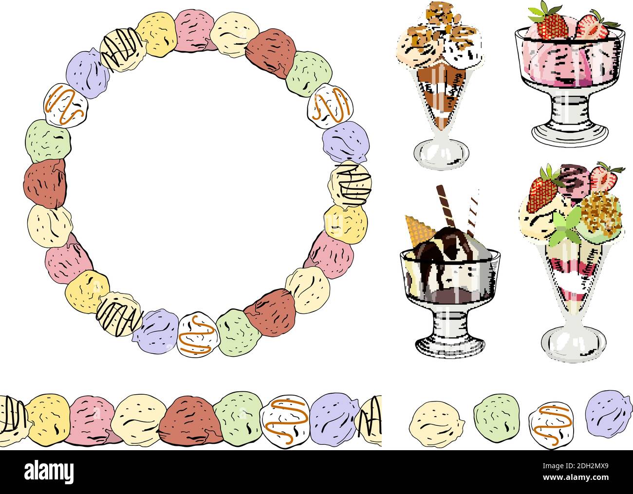 ice cream set. Round frame, seamless border, ice cream in the cream ...