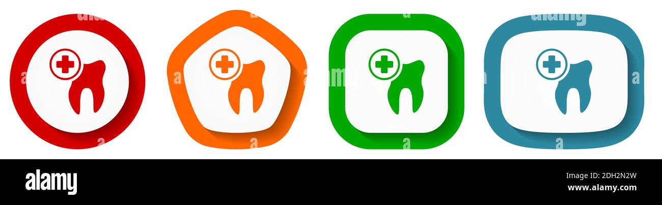 Dentist, dental, tooth vector icon set, flat design buttons on white ...