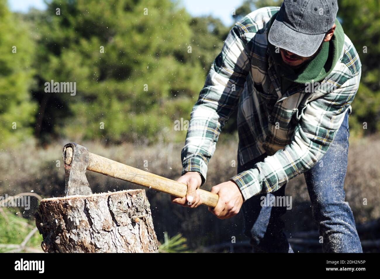 A man cutting firewood with an ax Stock Photo - Alamy