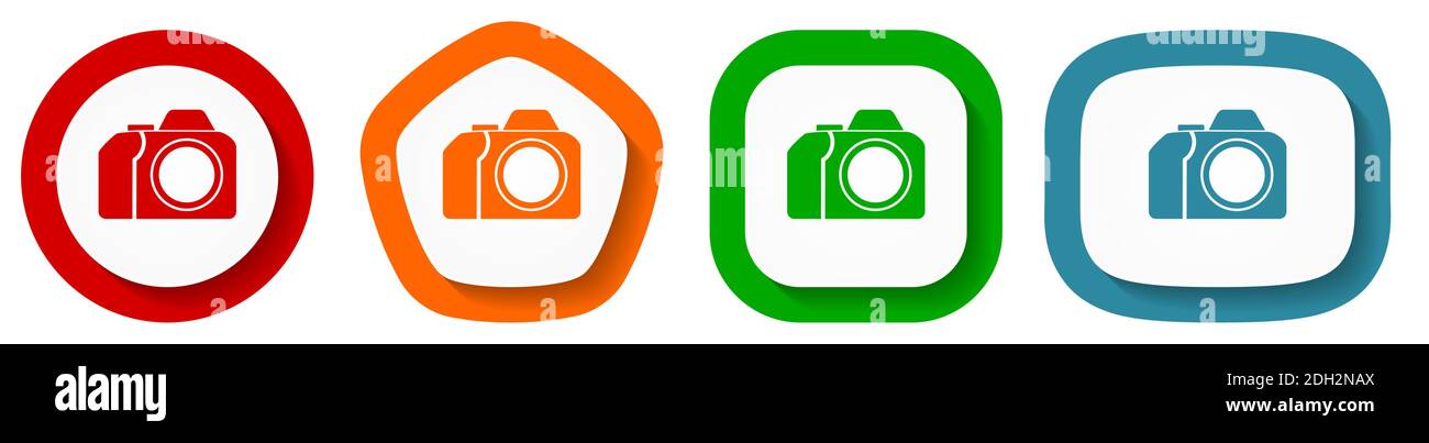 Photo camera, photography vector icon set, flat design buttons on white ...