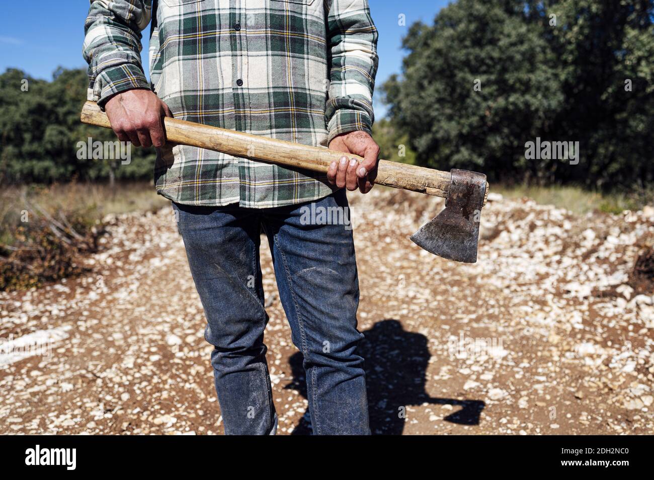 A standing man holding an ax Stock Photo - Alamy