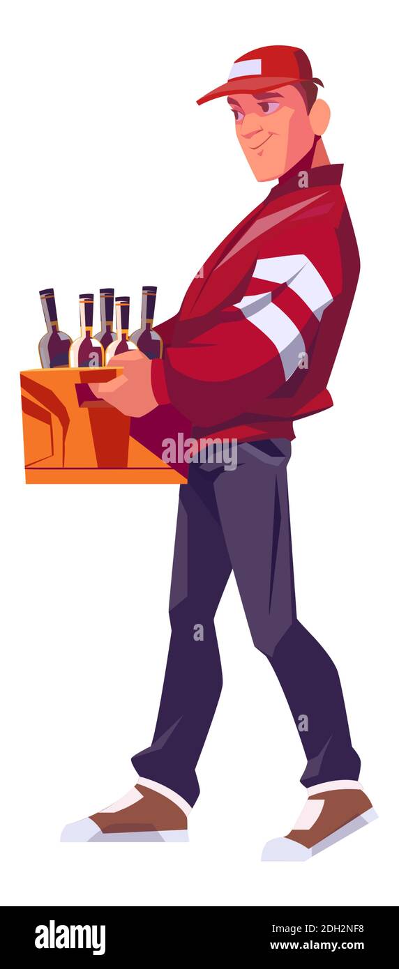 Delivery man holding a wooden box for bottles with alcoholic drinks ...