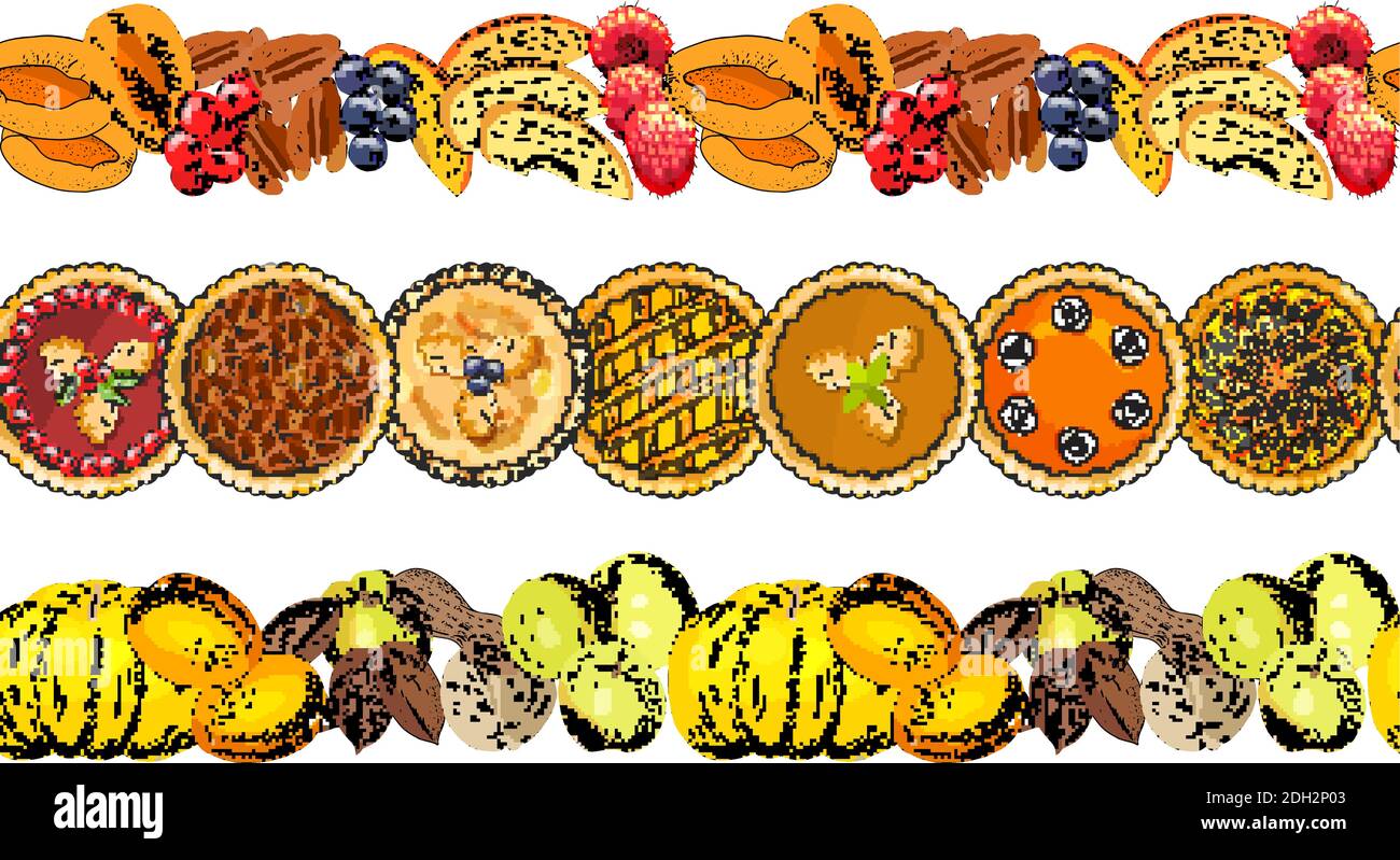 Autumn seamless borders with pies, berries, fruits, nuts, pumpkins ...