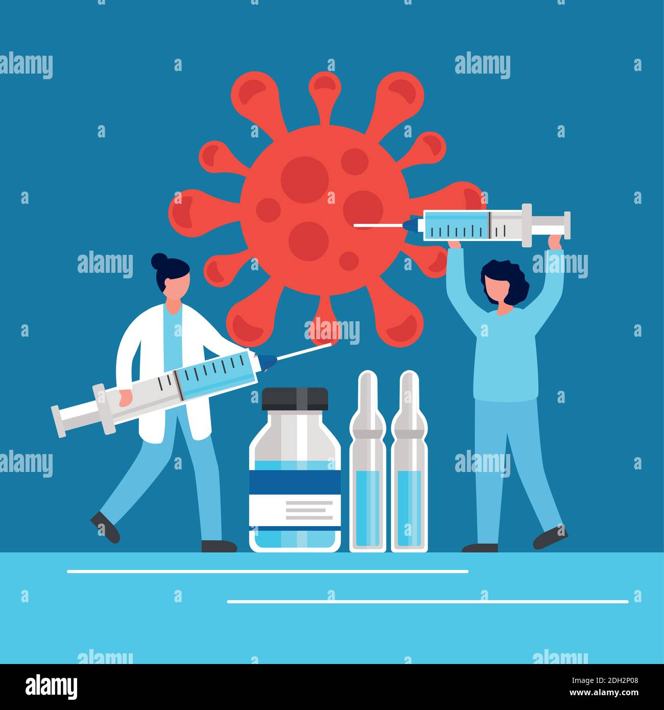 covid19 vaccine poster with doctors lifting syringe and vials vector ...