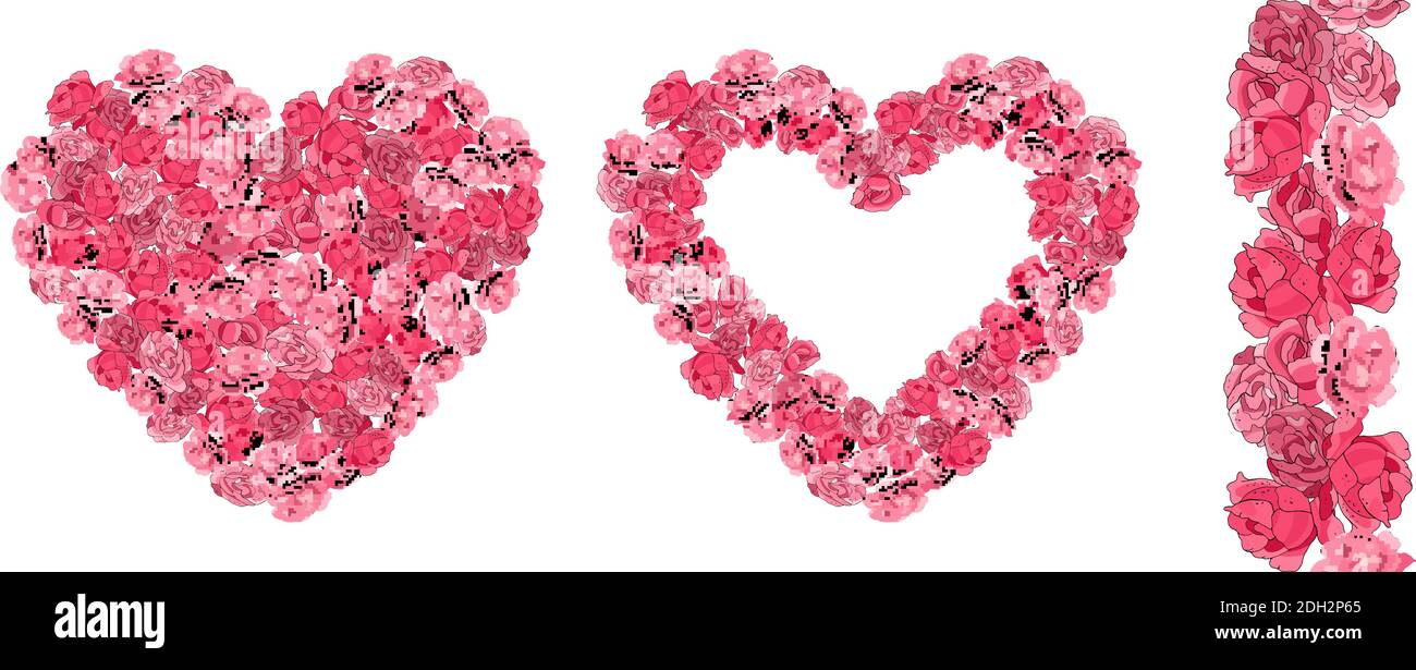Floral set of vector pink roses in the heart shape and endless border ...