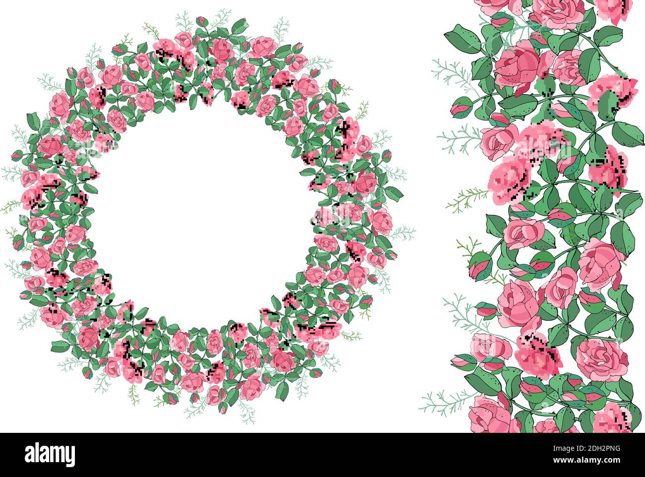 Round template and seamless border with pink roses and leaves isolated ...