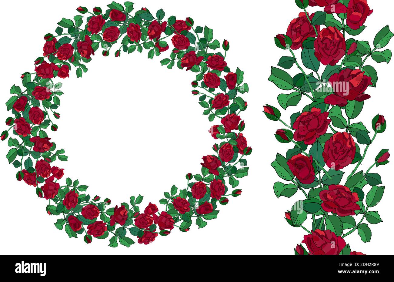 Round template and seamless border with red roses and leaves isolated ...