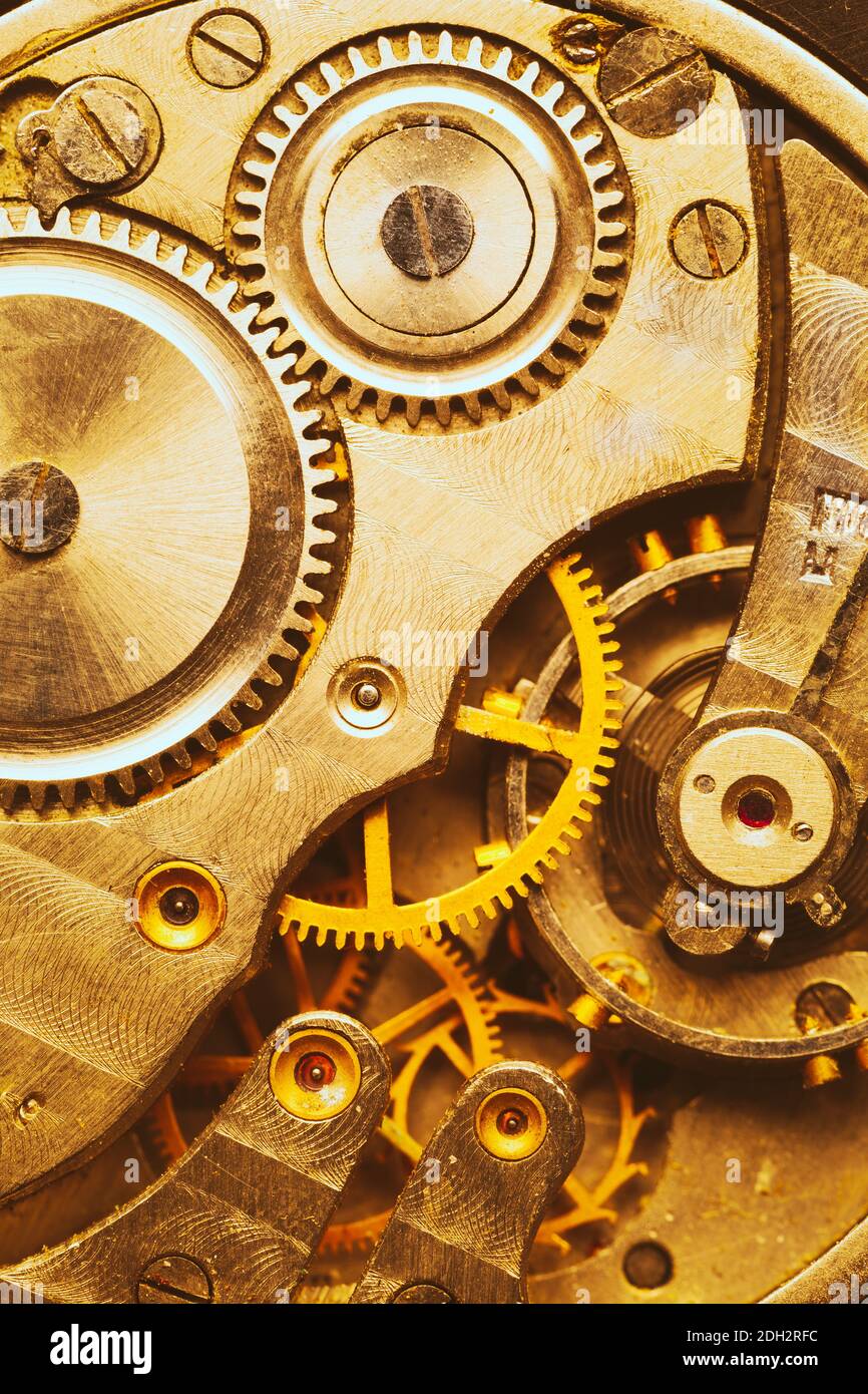 Close-Up Of Old Clock Watch Mechanism. Retro Clockwork Watch With ...