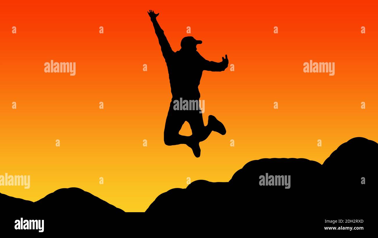 Illustration of a silhouette of a man in a jump at sunset,handsome ...