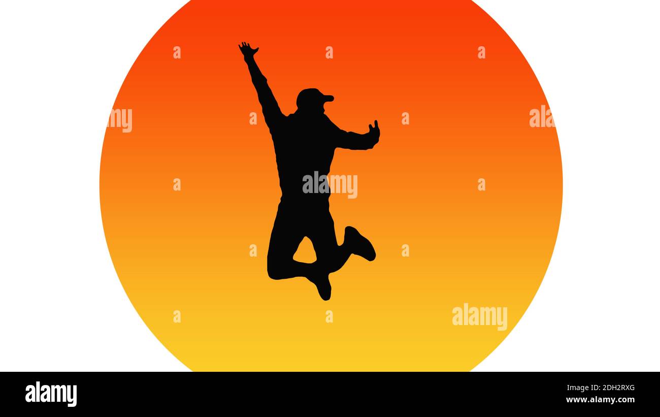 Silhouette of a guy in a jump in the center of the moon,at sunset ...