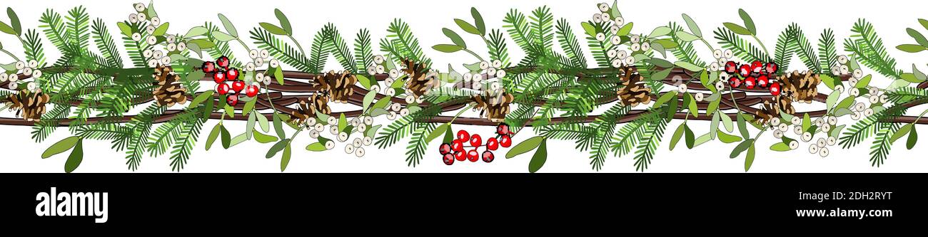 Horizontal endless border with cone, fir branches, Holly, poinsettia ...