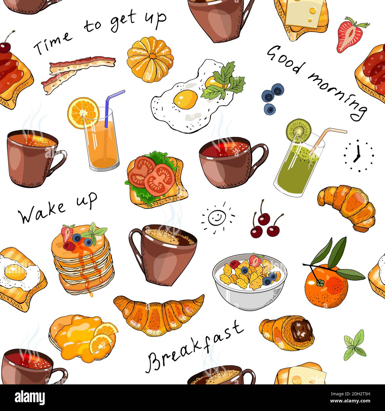 Vector seamless pattern with cups of coffee, tea, fried eggs and ...