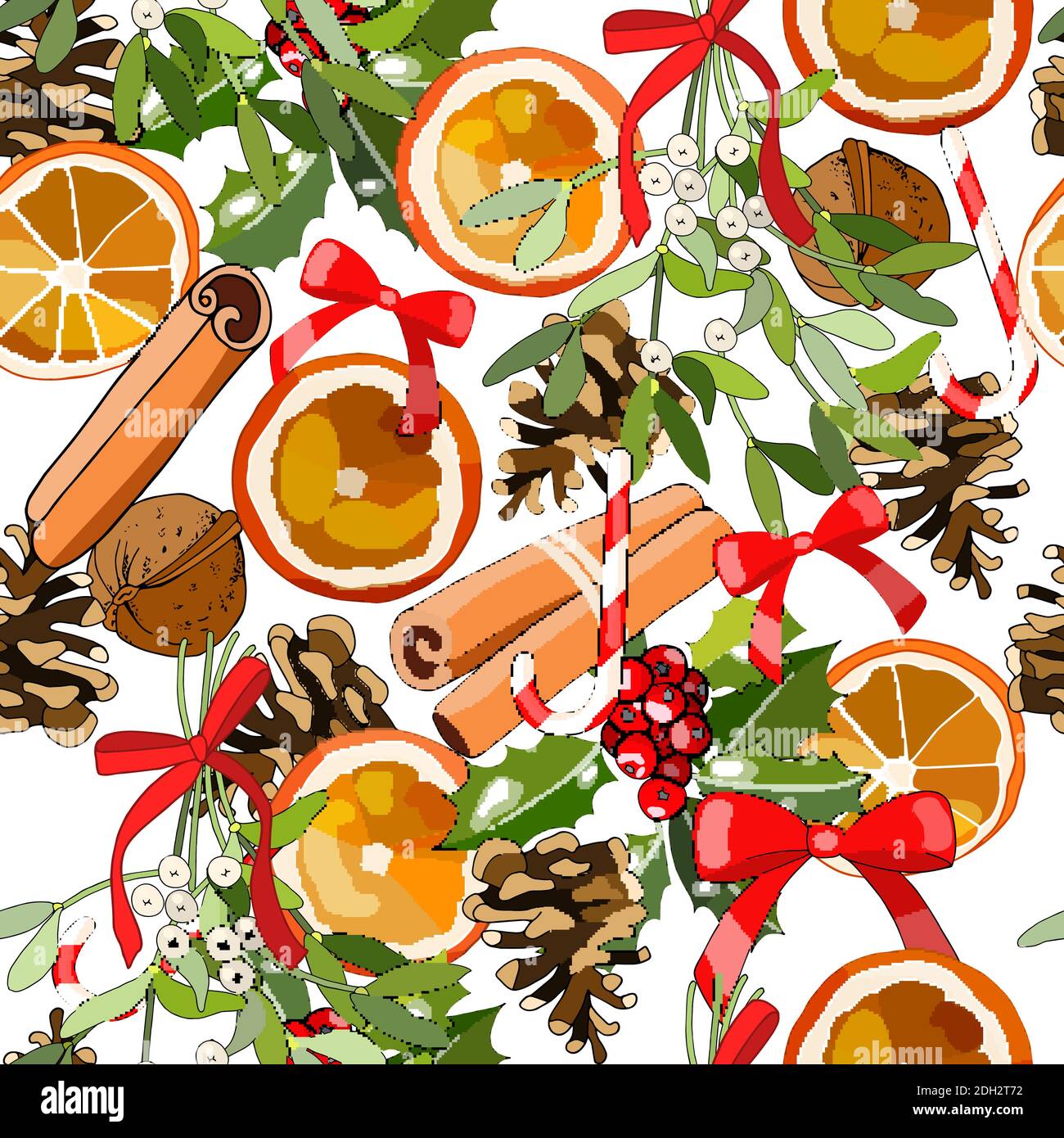 Vector seamless festive pattern with cinnamon stick, dried orange, cone ...