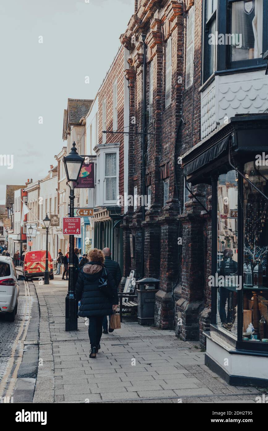 Rye, UK - October 10, 2020: Row of shops and restaurants on an empty ...