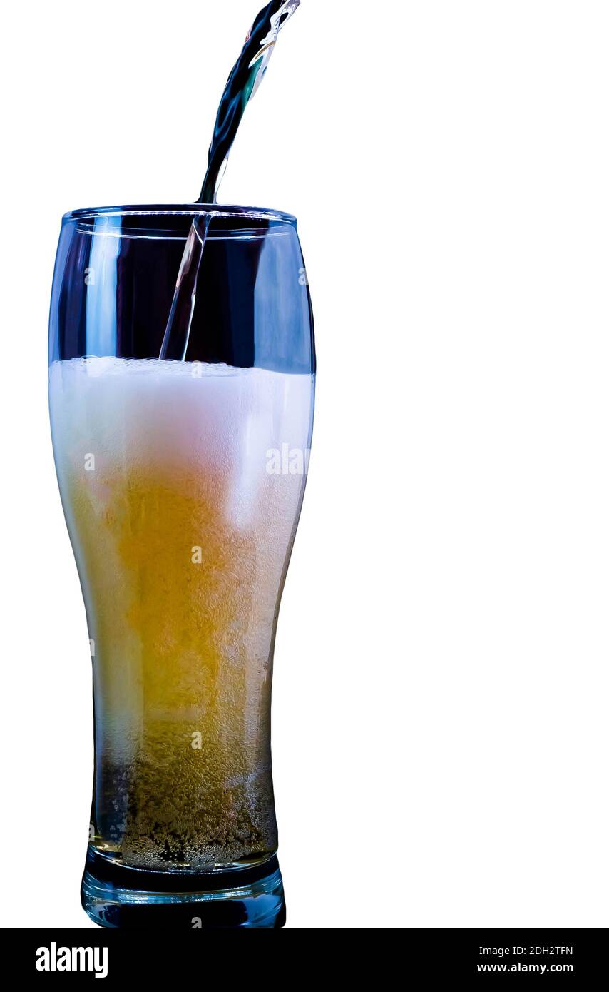 Pouring light beer into a beer glass,isolated on white,close-up ...